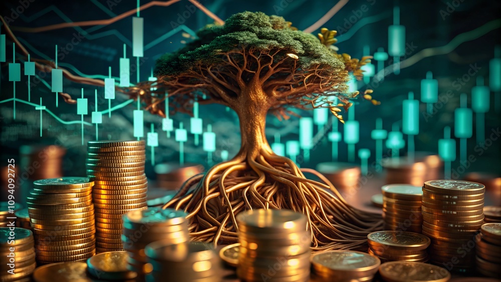 Golden Money Tree with Roots and Stacks of Coins on a Financial Chart ...