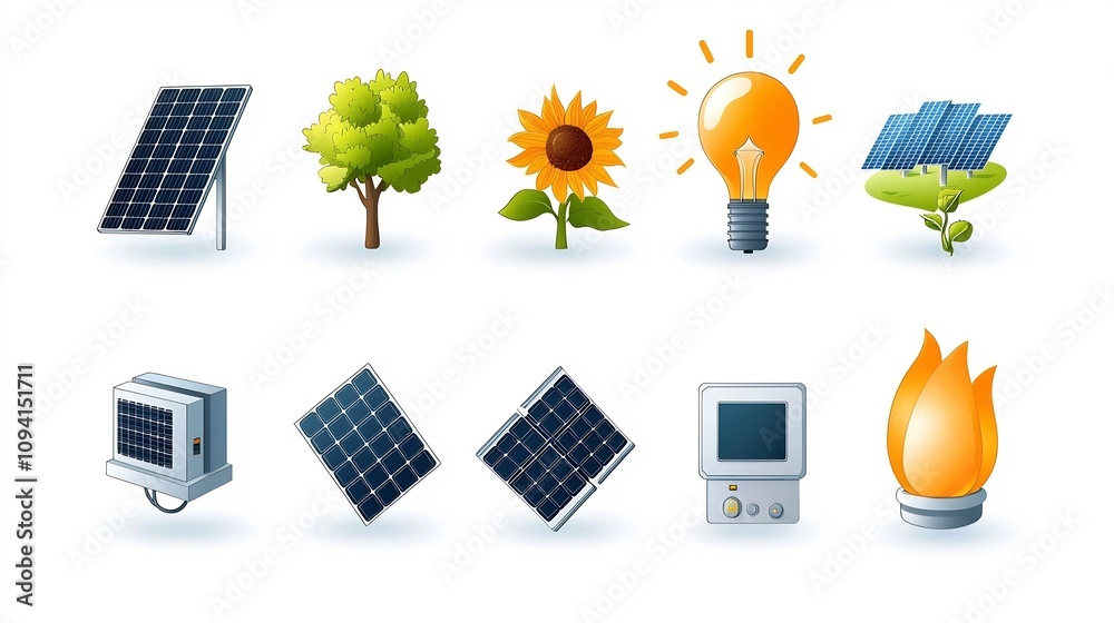 Set of 15 minimalist icons focused on solar energy production including ...