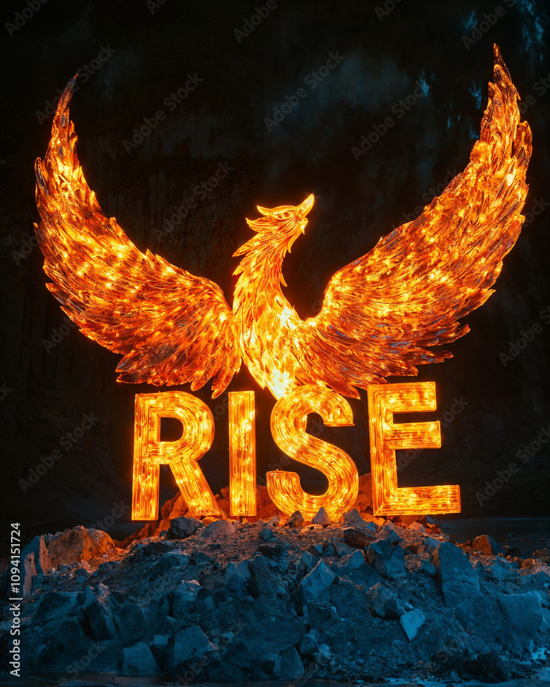 Bold “RISE” incandescent letters with a dark backdrop, representing ...