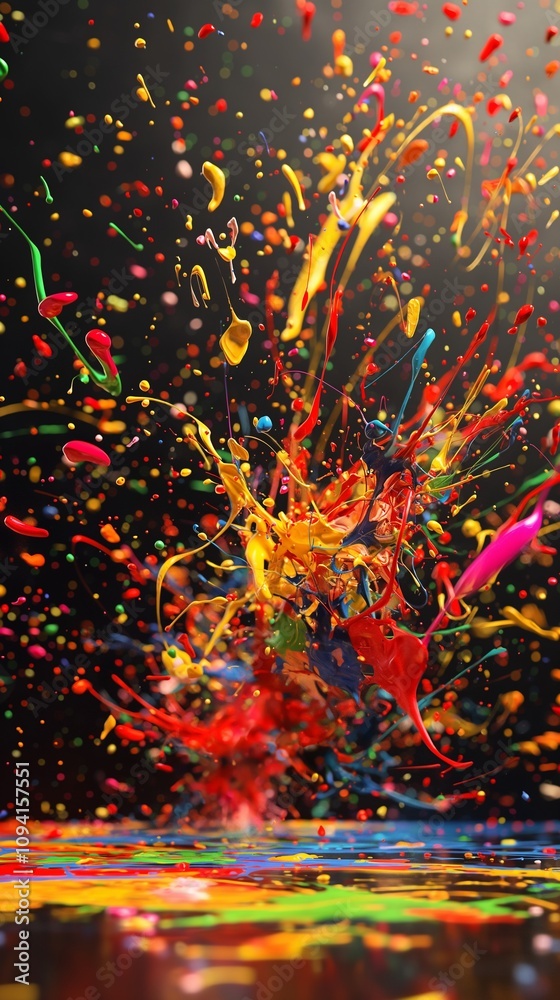 A chaotic explosion of paint splatters and drips, with a vivid mix of ...