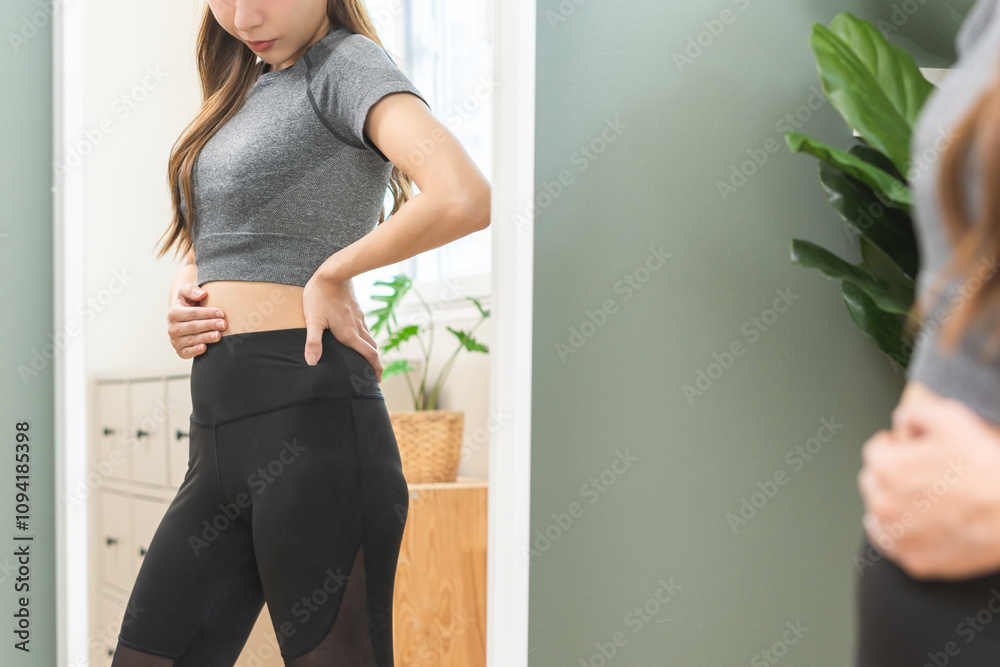 Excess weight gain, overweight asian young woman touching stomach ...