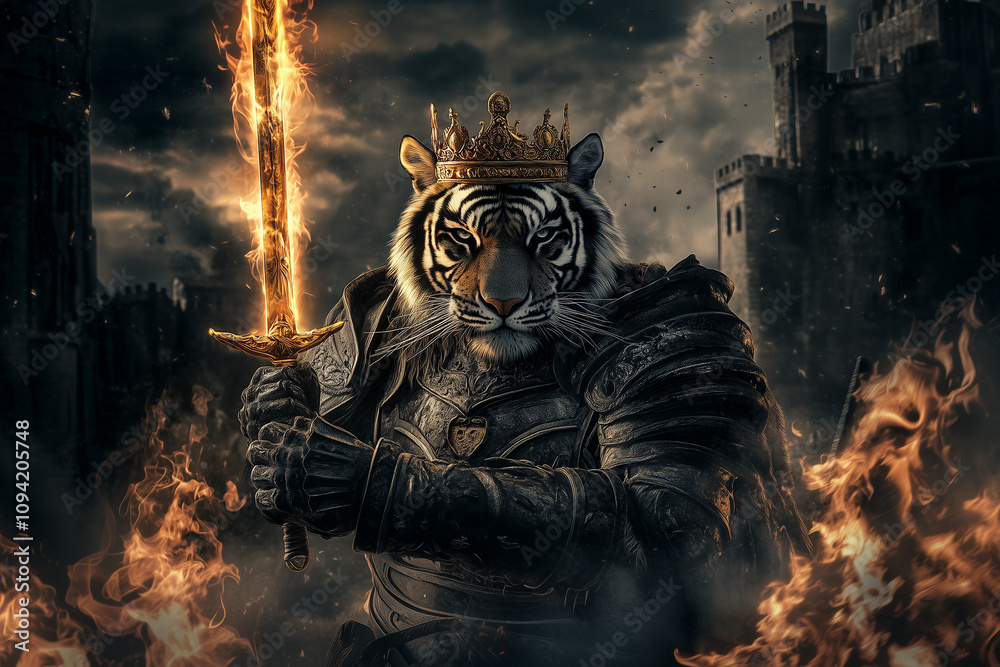 A majestic knight a white tiger in shining heavy armor, a golden crown ...