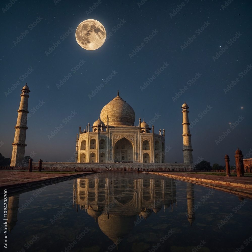 The Taj Mahal shimmering under a full moon, reflected in its tranquil ...
