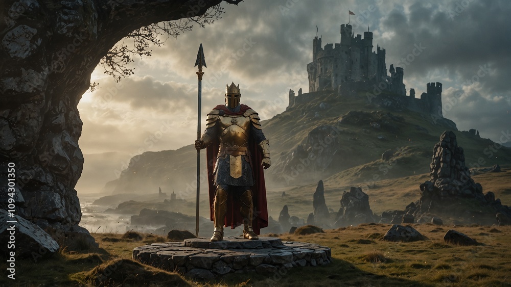 A statue of King Arthur, wearing golden armor and holding the holy ...