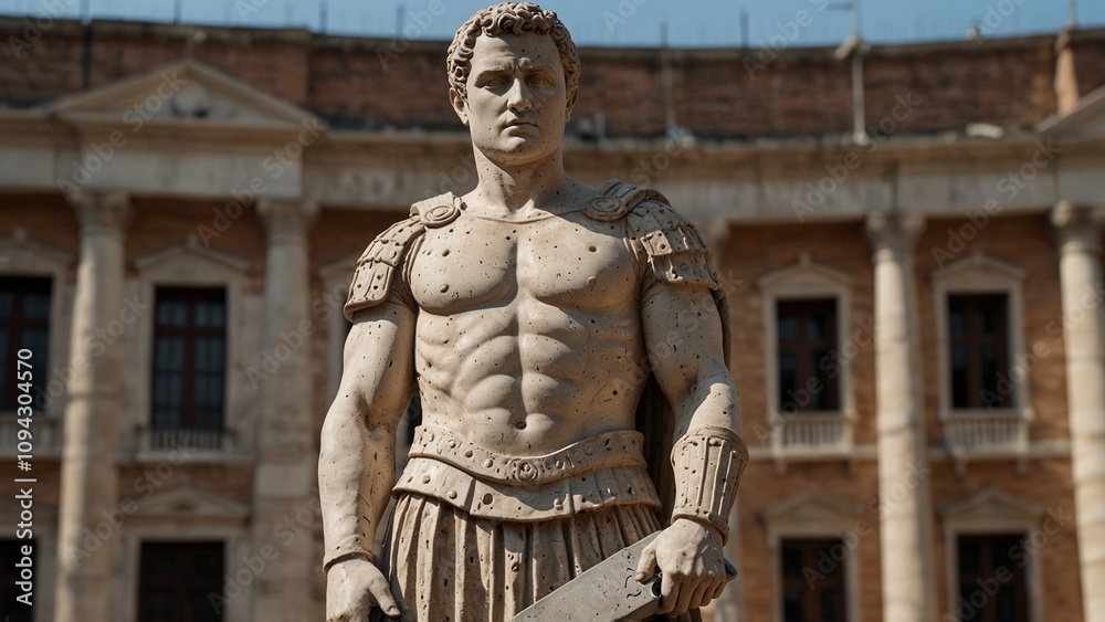 A statue of Pompey the Great, wearing Roman legionary armor, holding a ...