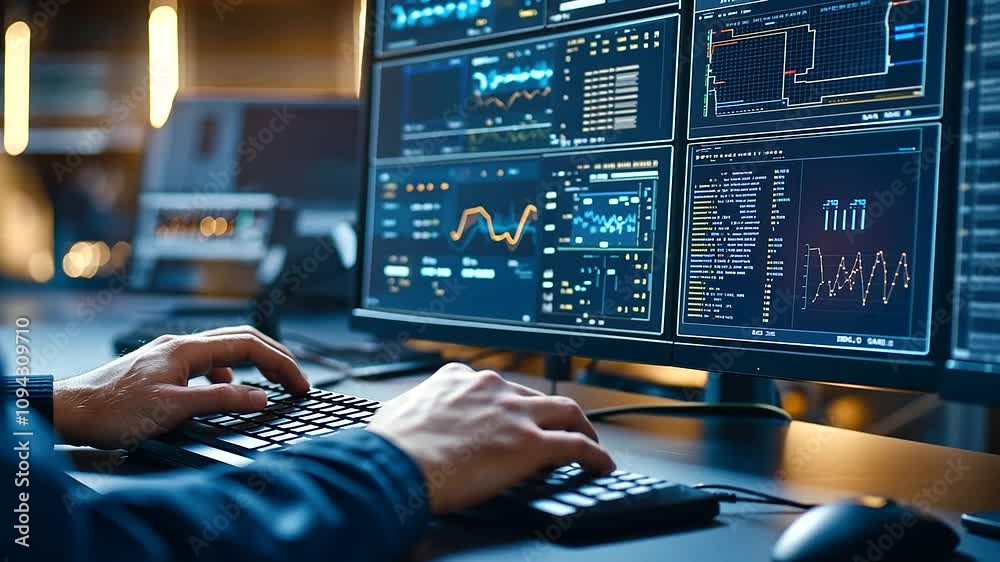 Engineer Operating SCADA System Workstation with Modern Interface vídeo ...