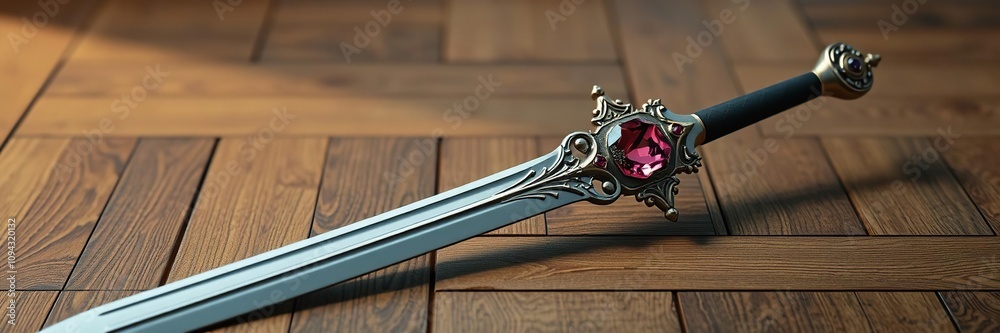 Broad sword with large colored jewel in hilt sitting on wooden floor ...