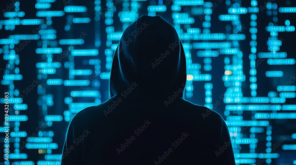 Cybersecurity awareness hacker analyzing data streams in digital ...