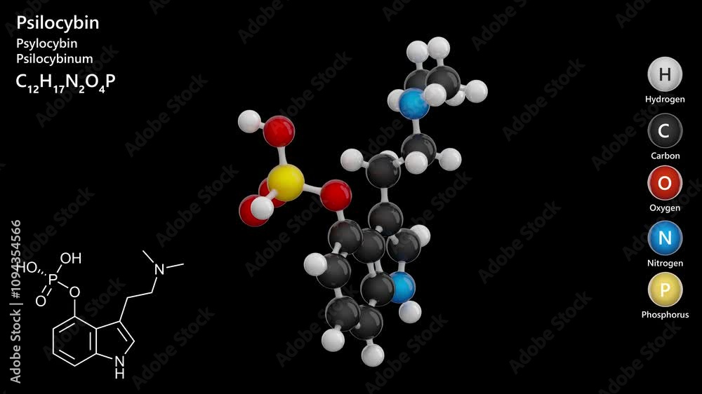 Psilocybin. Hallucinogen. Animated 3D model of a molecule. Molecular ...