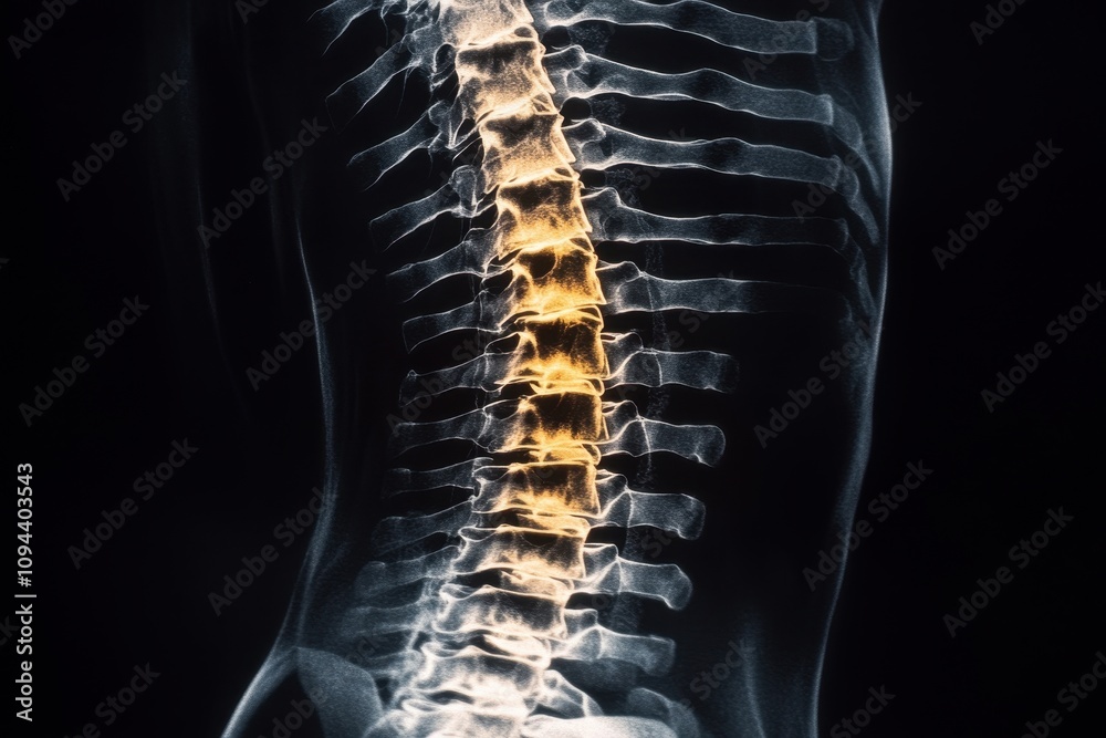X-ray image of a human spine, highlighting vertebrae and spinal ...