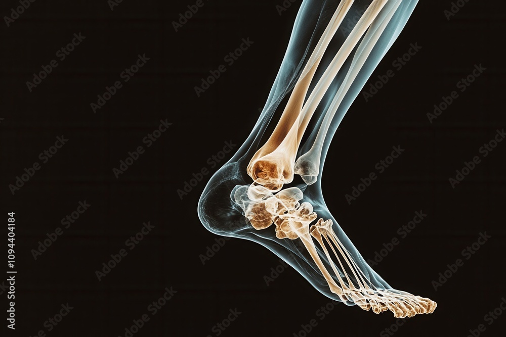 X-ray image of a human foot and ankle highlighting bone structure ...