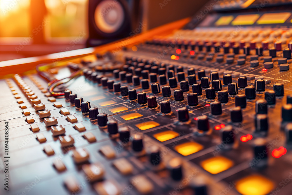 Mixing console with faders and knobs in a professional recording studio ...