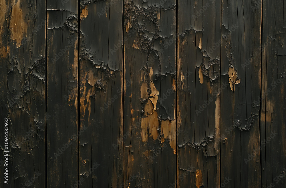 Close-up of a burnt and cracked wood texture, showcasing dark charred ...