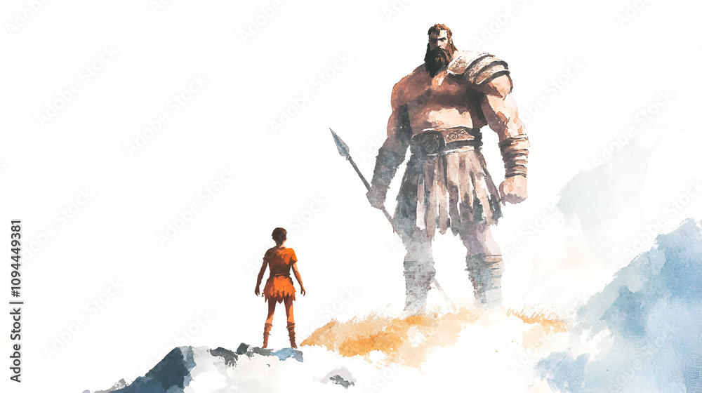 David and Goliath Digital watercolor painting of an ancient warrior ...