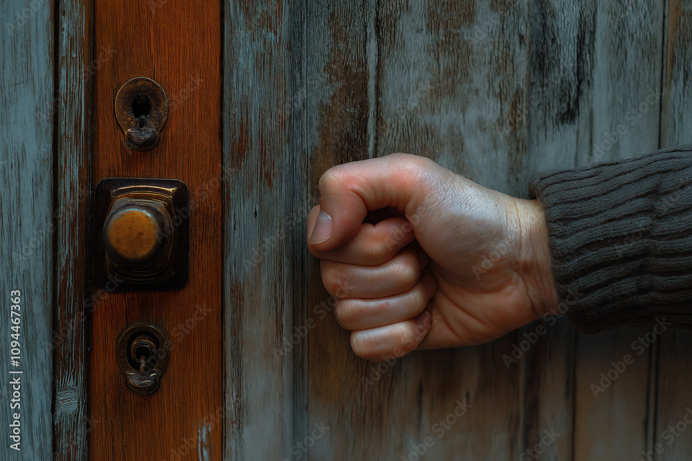 Hand knocking on a wooden door with aged texture in a quiet setting ...