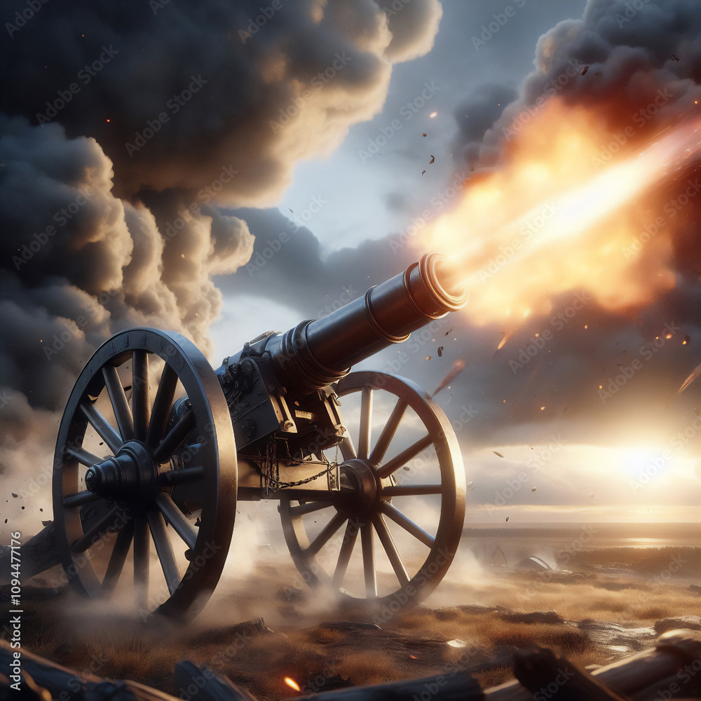 firing gun in clouds of smoke, artillery piece, Dro flying out of the ...