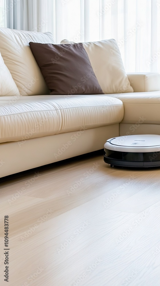 Cleanliness meets technology in a cozy living room with a robot vacuum ...