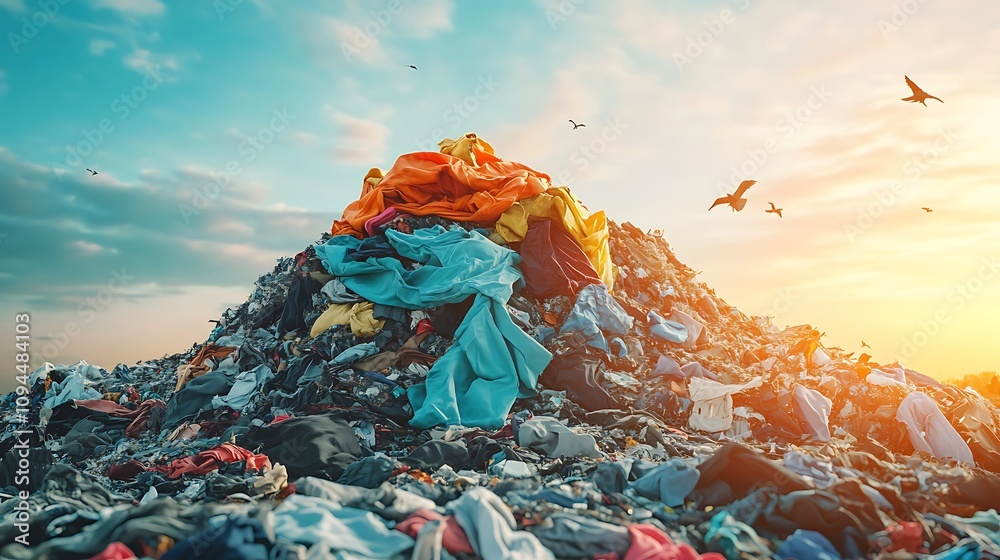 Textile Waste Mountain at Sunset: A Stark Environmental Reality. AI ...