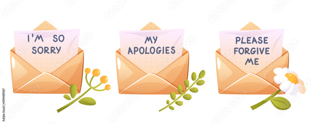 Vector set of handwritten apology letters on paper and in open craft ...