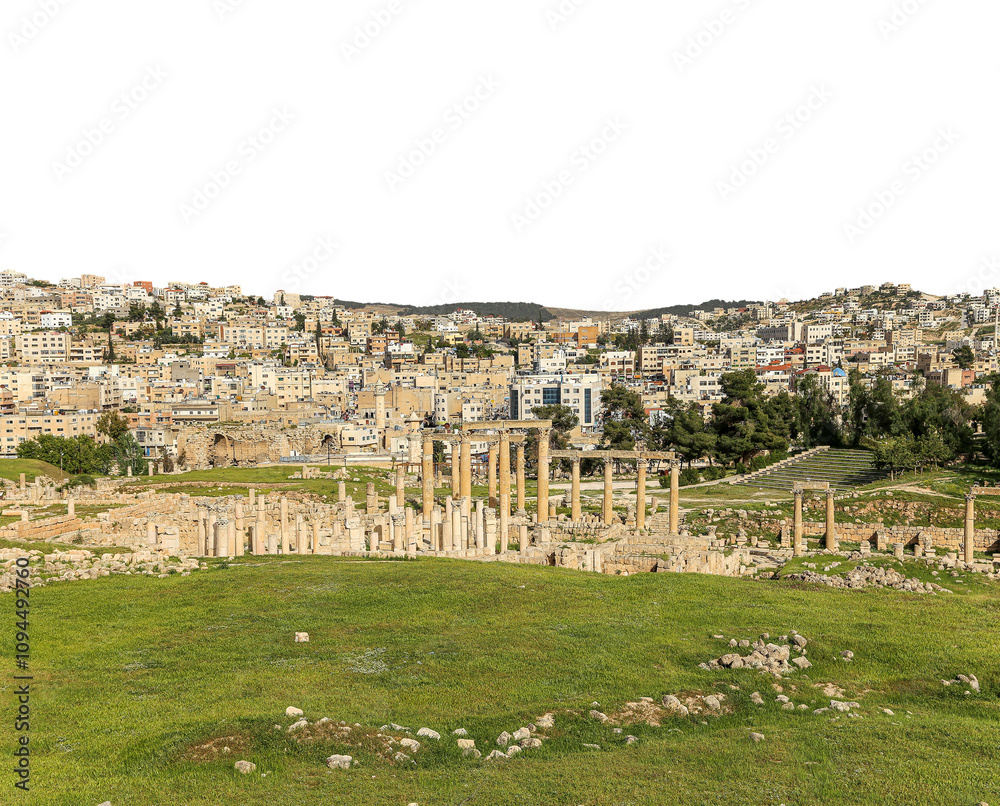 Roman ruins (carved on white background) in the Jordanian city of ...