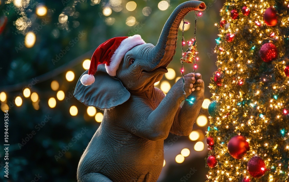 Elephant Hanging Christmas Lights An elephant standing on its hind legs ...