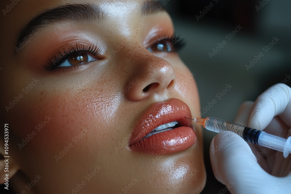 Beautician in white gloves injects lip filler into a woman's lips with ...