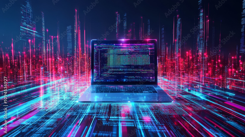 A laptop shows code, representing software development and web coding ...