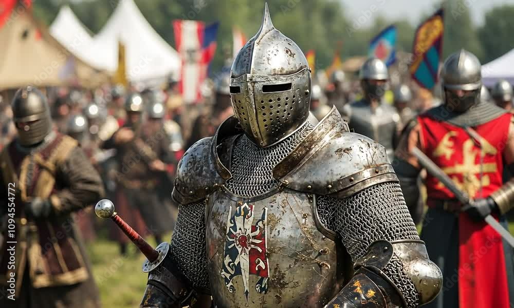 A Group of Medieval Knights in Armor Prepared for Battle in a Historic ...