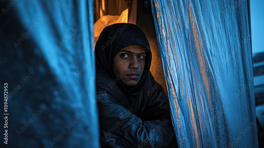 Migrant refugee seeking shelter inside a truck trailer, emotion ...