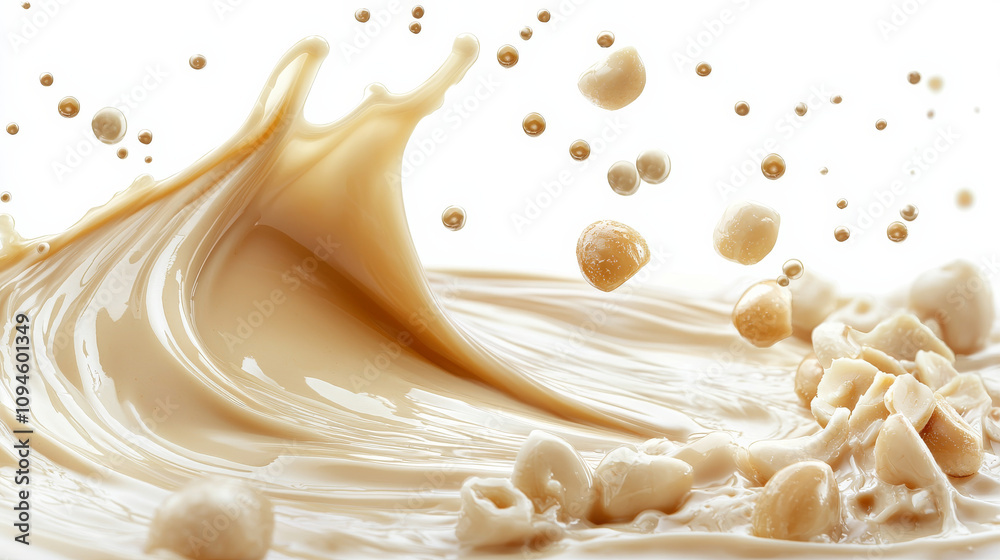 Creamy shea butter liquid swirl with bubbles and falling shea nuts ...