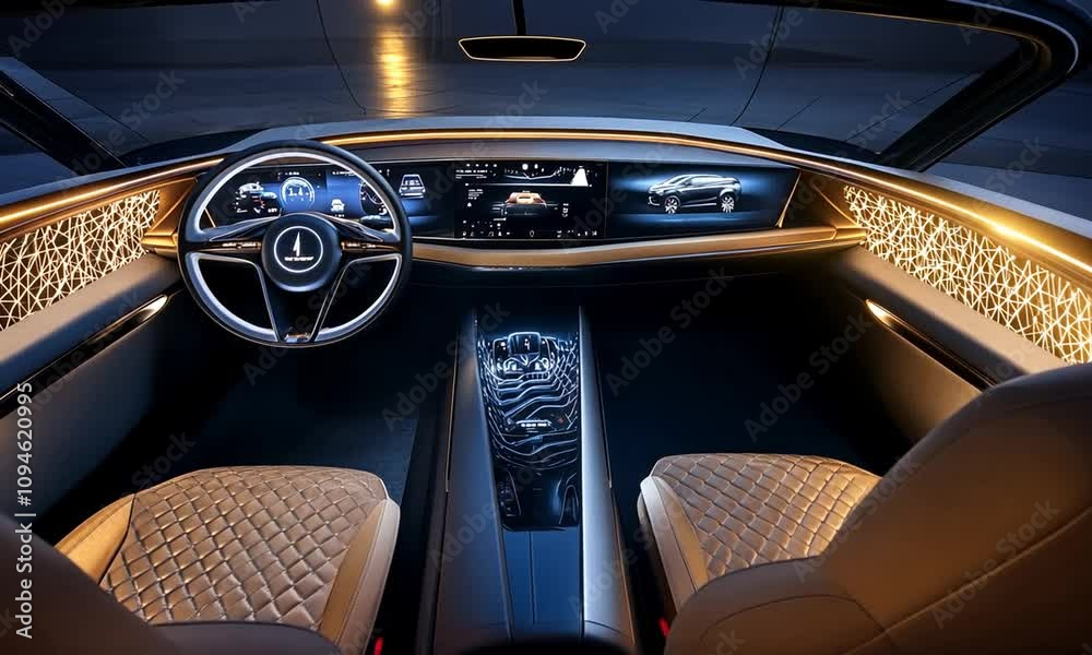 Modern Luxury Car Interior Featuring High-tech Dashboard and Elegant ...