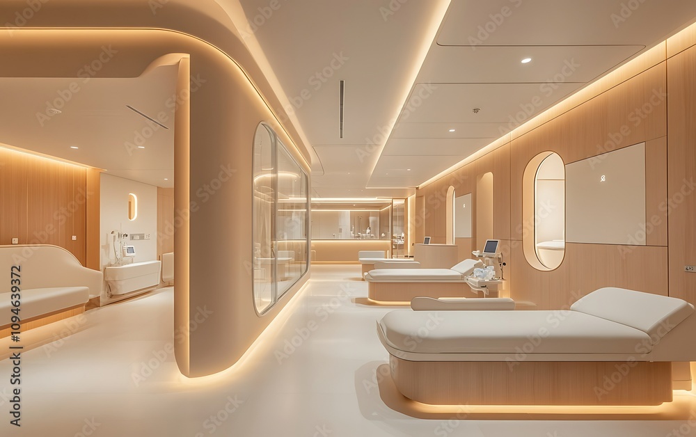 Modern medical spa interior with comfortable treatment beds, soft ...