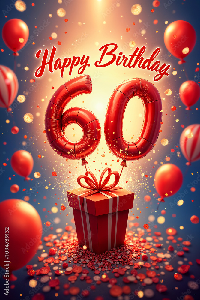 60th birthday card. Festive birthday greeting, featuring a large red ...