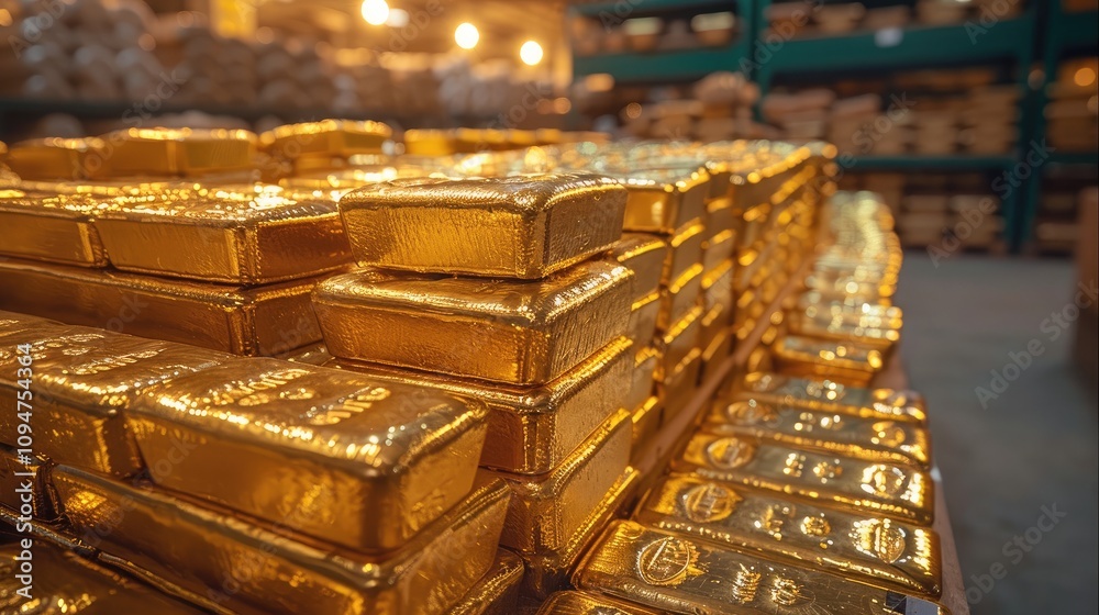Polished gold bars stacked neatly, shining under warm light, evoking wealth and purity in an ...
