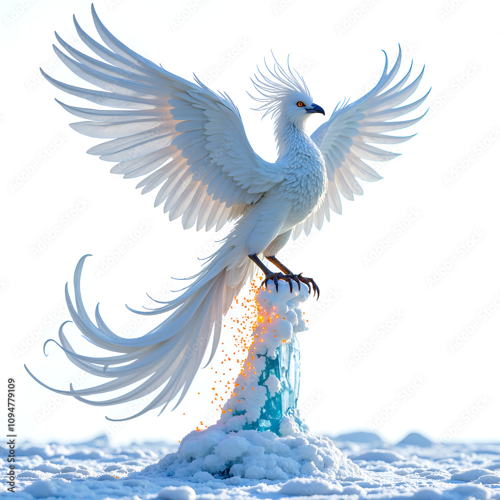 Majestic white phoenix ascending with fiery sparks in a winter ...