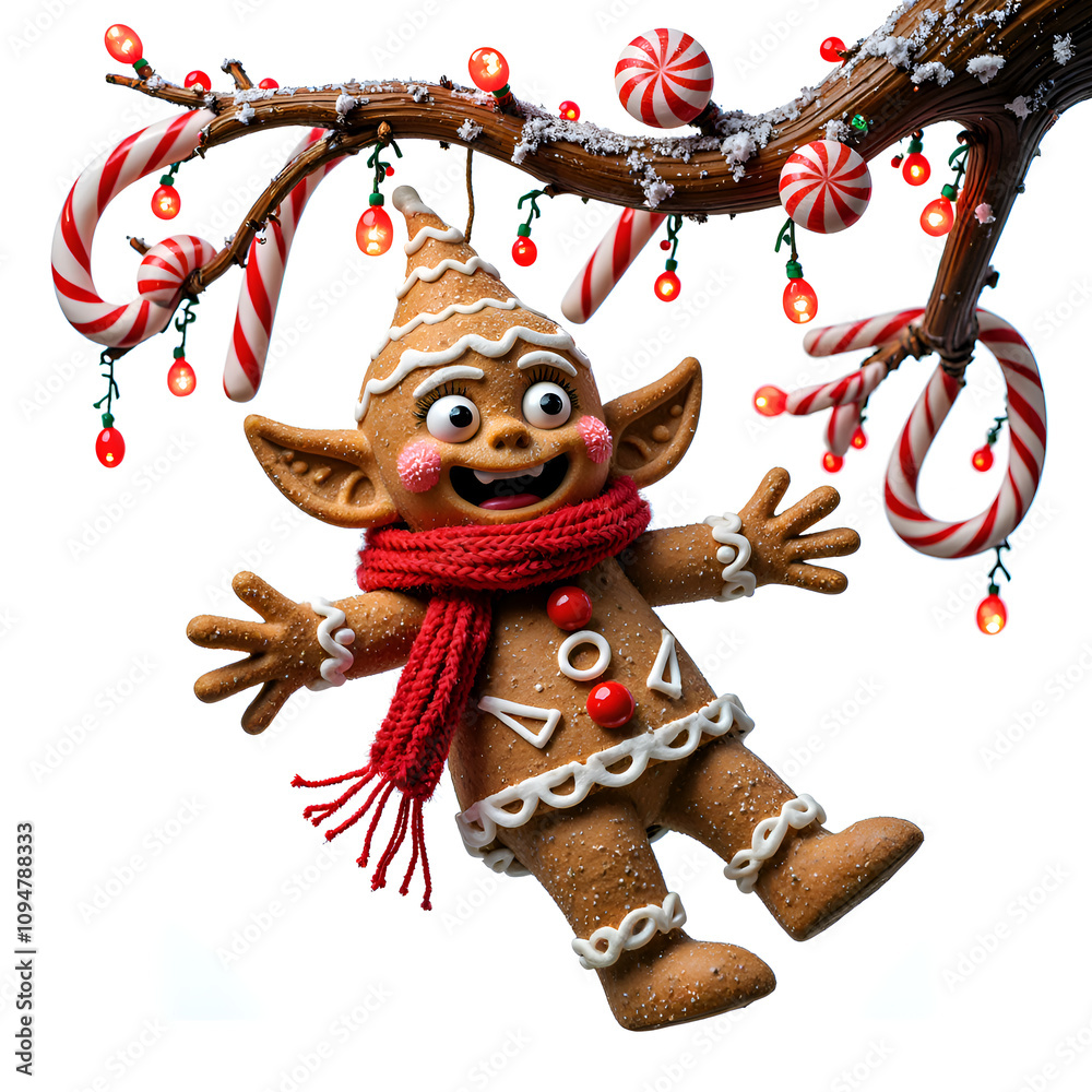 Joyful gingerbread elf hanging from candy cane branch festooned with ...