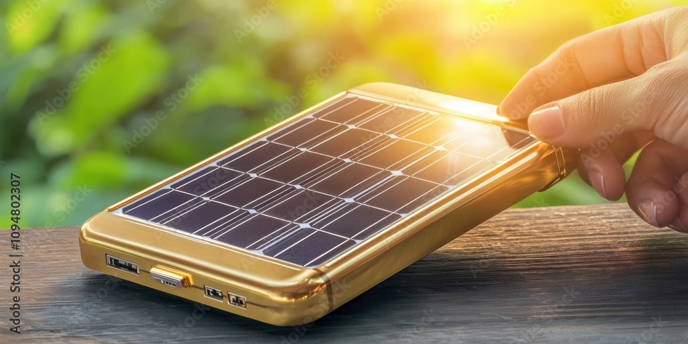 Eco-friendly habits for sustainable living concept. Solar-powered phone ...