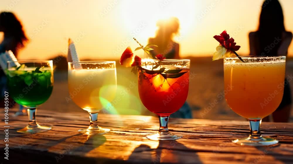 Close-up of several alcoholic cocktails on a beach bar counter and ...
