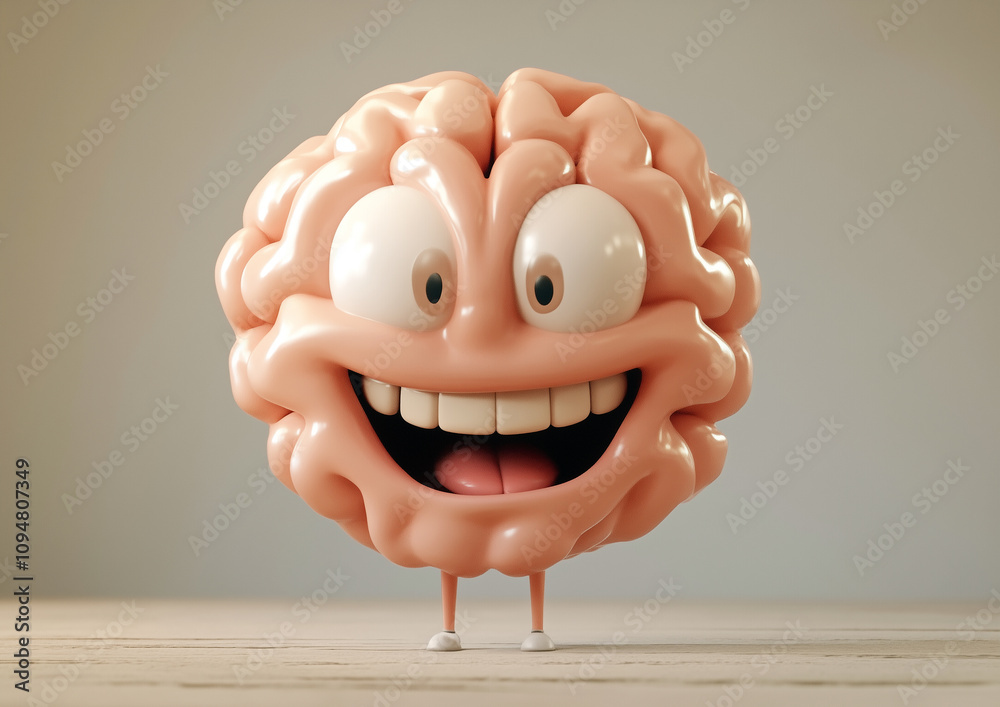 Funny cartoon brain character with expressive eyes and wide smile ...