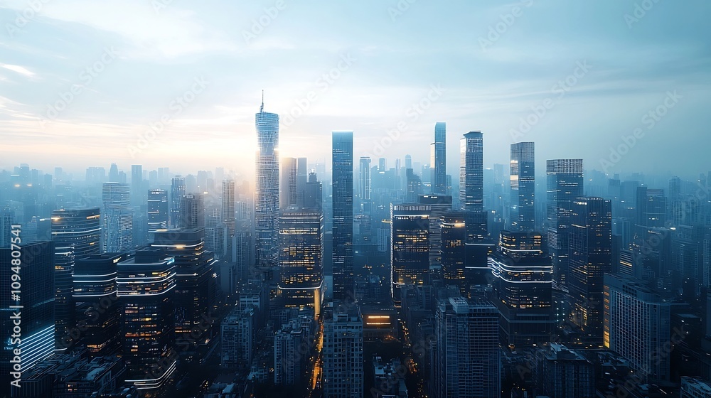 Digitalized cityscape with futuristic energy efficient buildings ...