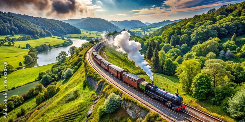 Aerial View of Vintage Trains on a Scenic Railway, Capturing the Charm ...