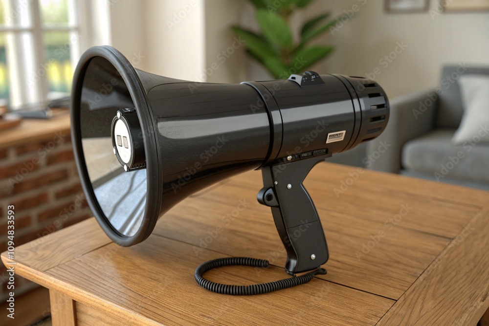 A close-up shot of a classic megaphone, resting on a wooden podium with ...