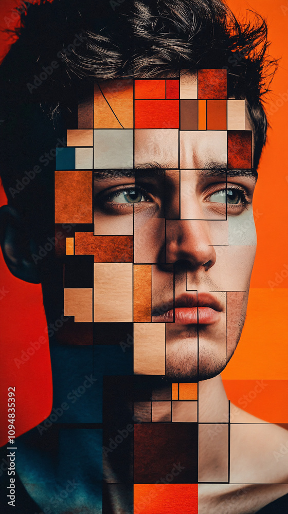 Abstract Digital Portrait Featuring Human Faces in Pixelated Block Art ...
