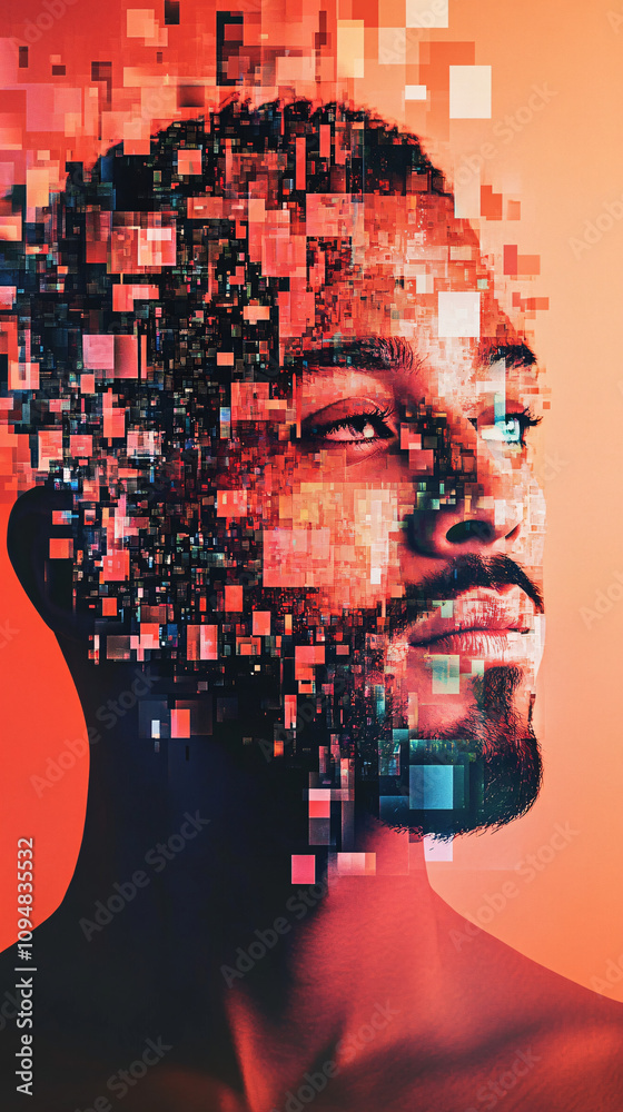 Abstract Digital Portrait Featuring Human Faces in Pixelated Block Art ...