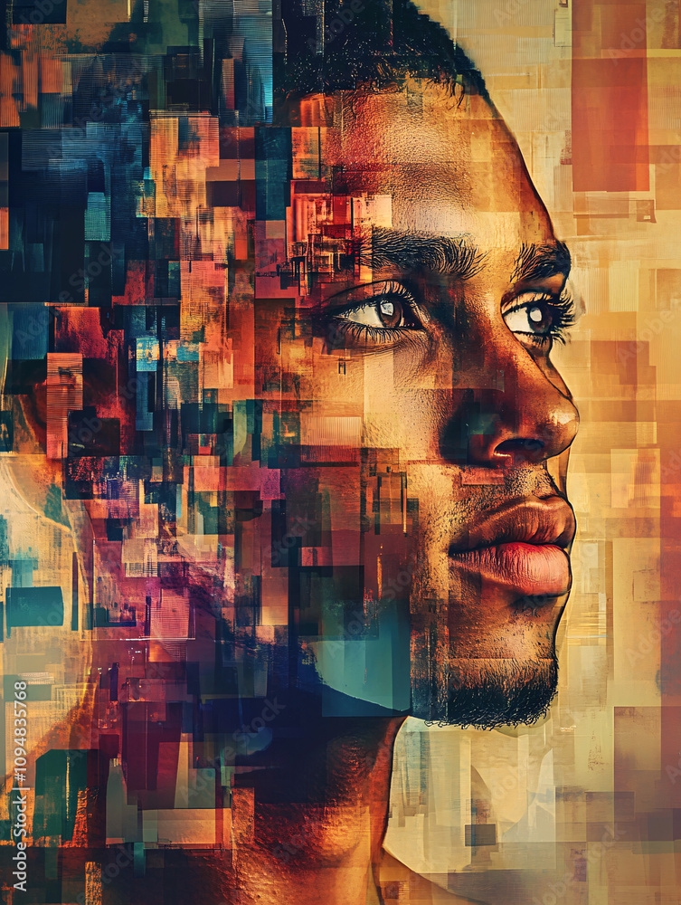 Abstract Digital Portrait Featuring Human Faces in Pixelated Block Art ...