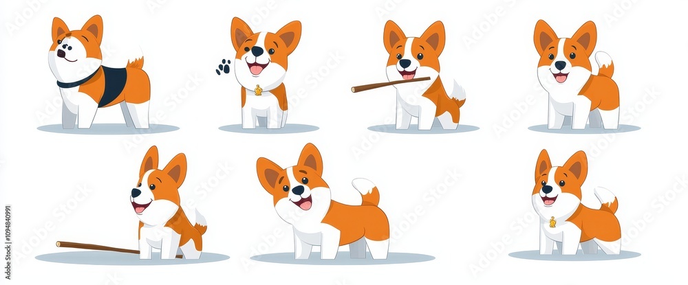 In a contemporary cartoon, a cute dog character shows different ...
