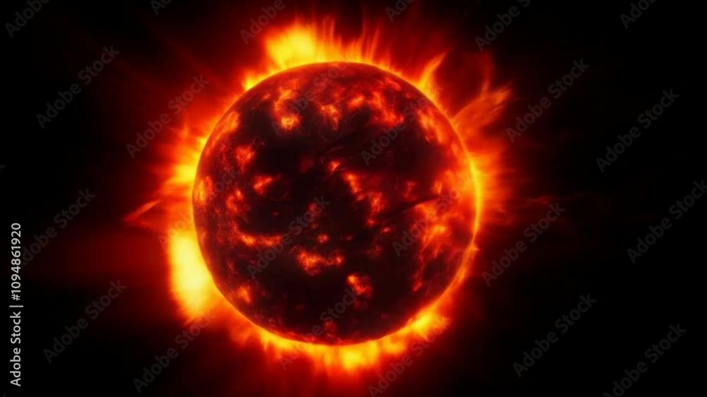A realistic depiction of the burning sun, with fiery flares and glowing ...