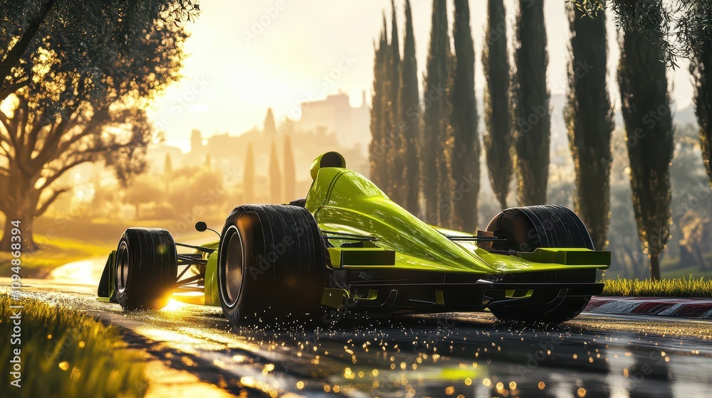 Sleek Lime Green Racing Car Navigating Imola's Tamburello Chicane: A ...