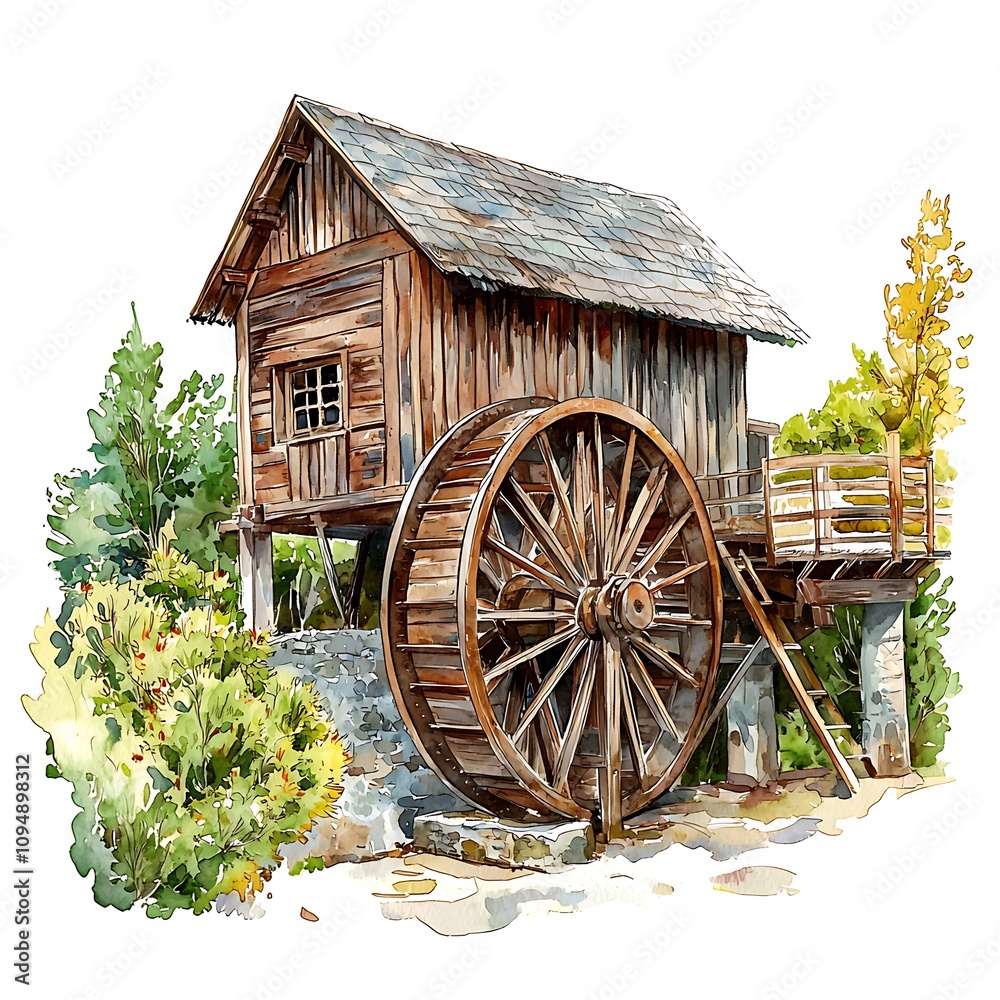 Watercolor Painting of a Rustic Wooden Watermill with a Large Water ...