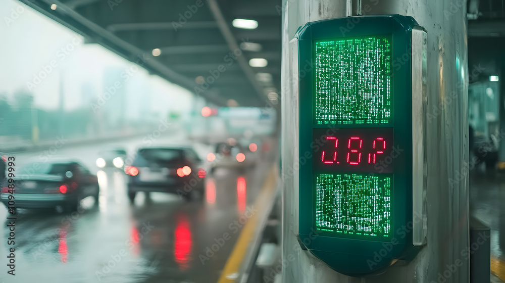 A highway toll booth featuring a prominent digital price display ...
